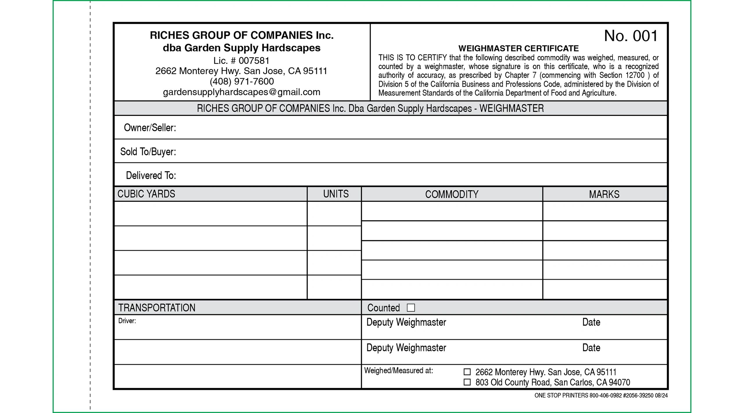 California Cannabis Weighmaster Certificate