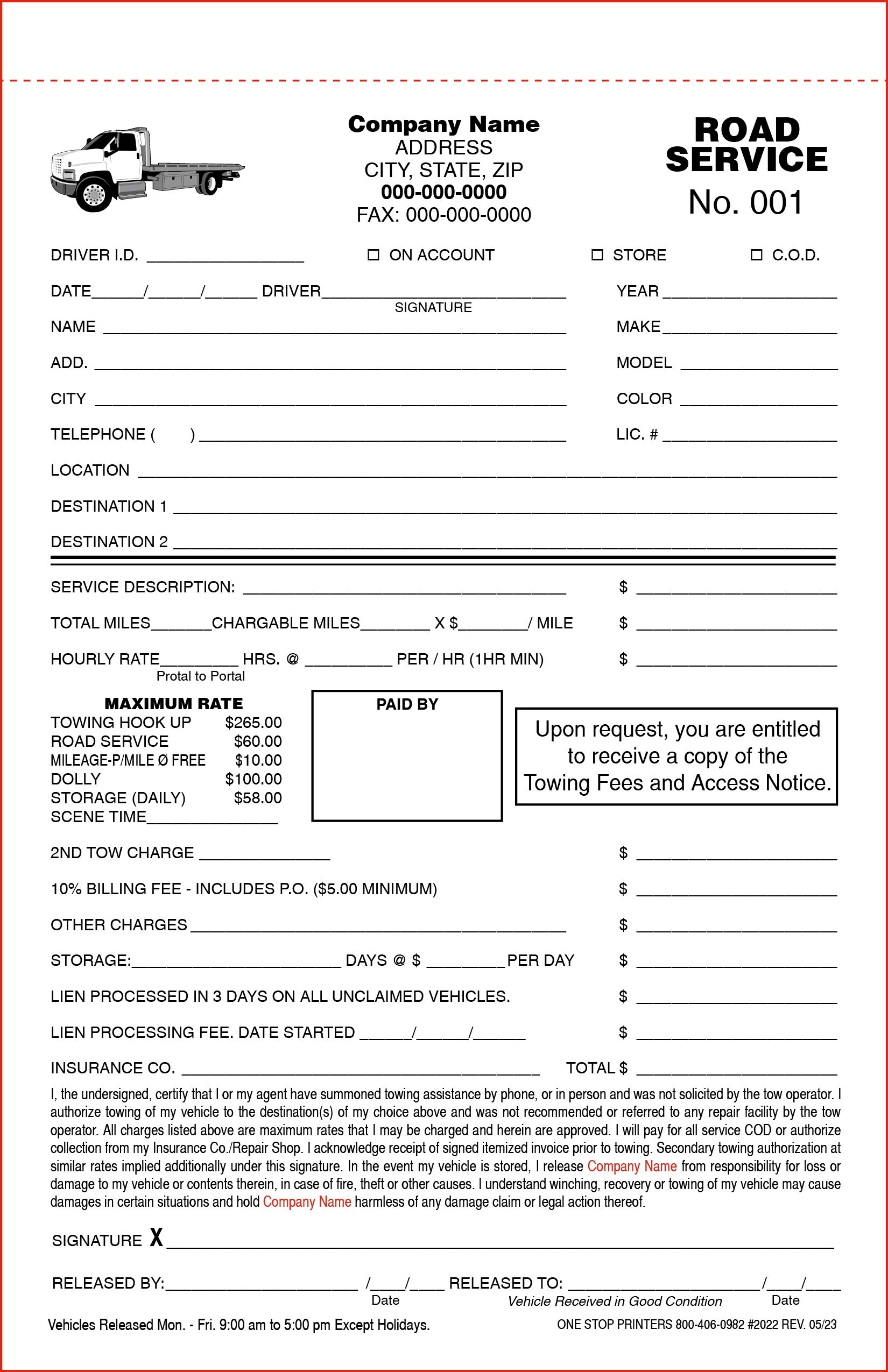 Roadside Service Towing Bill