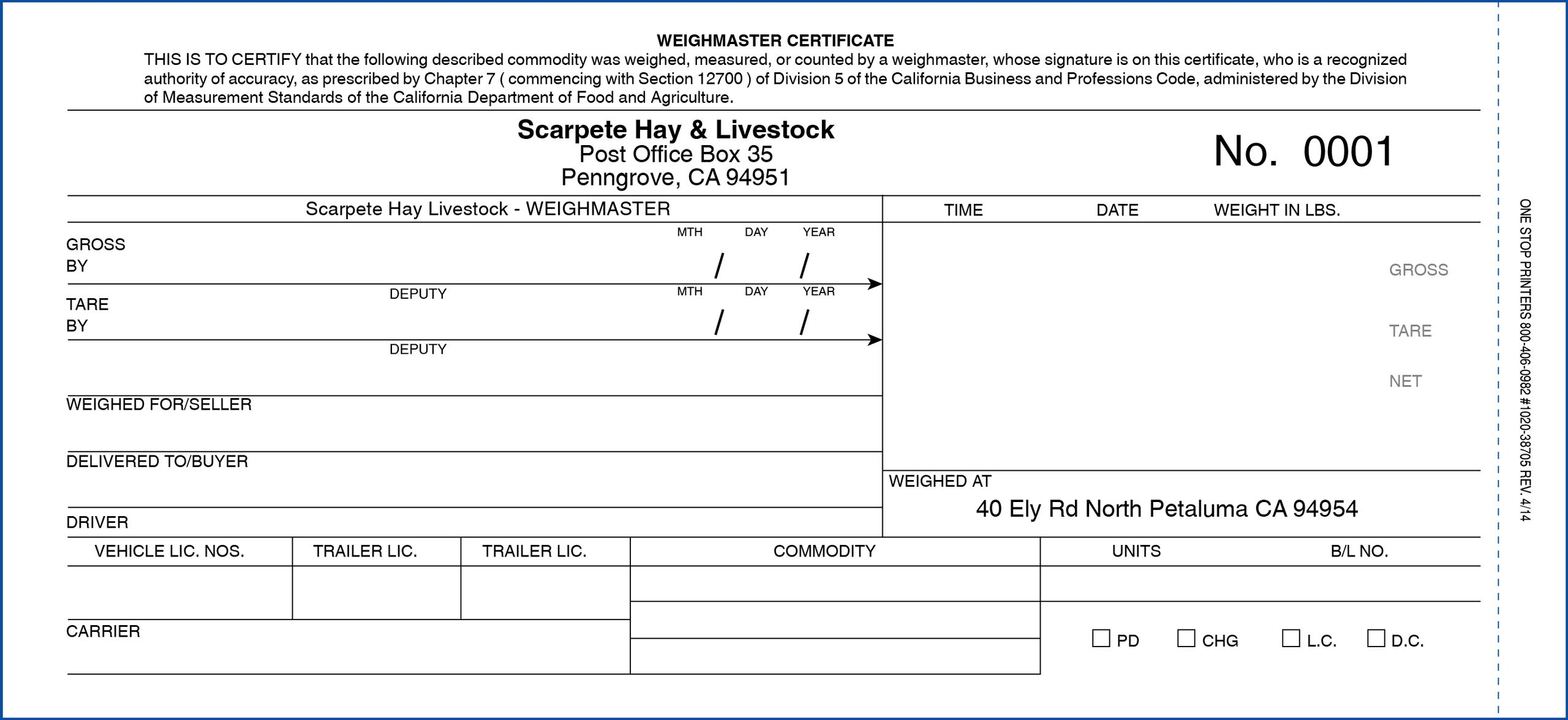 Hay and Livestock Weighmaster Certificate