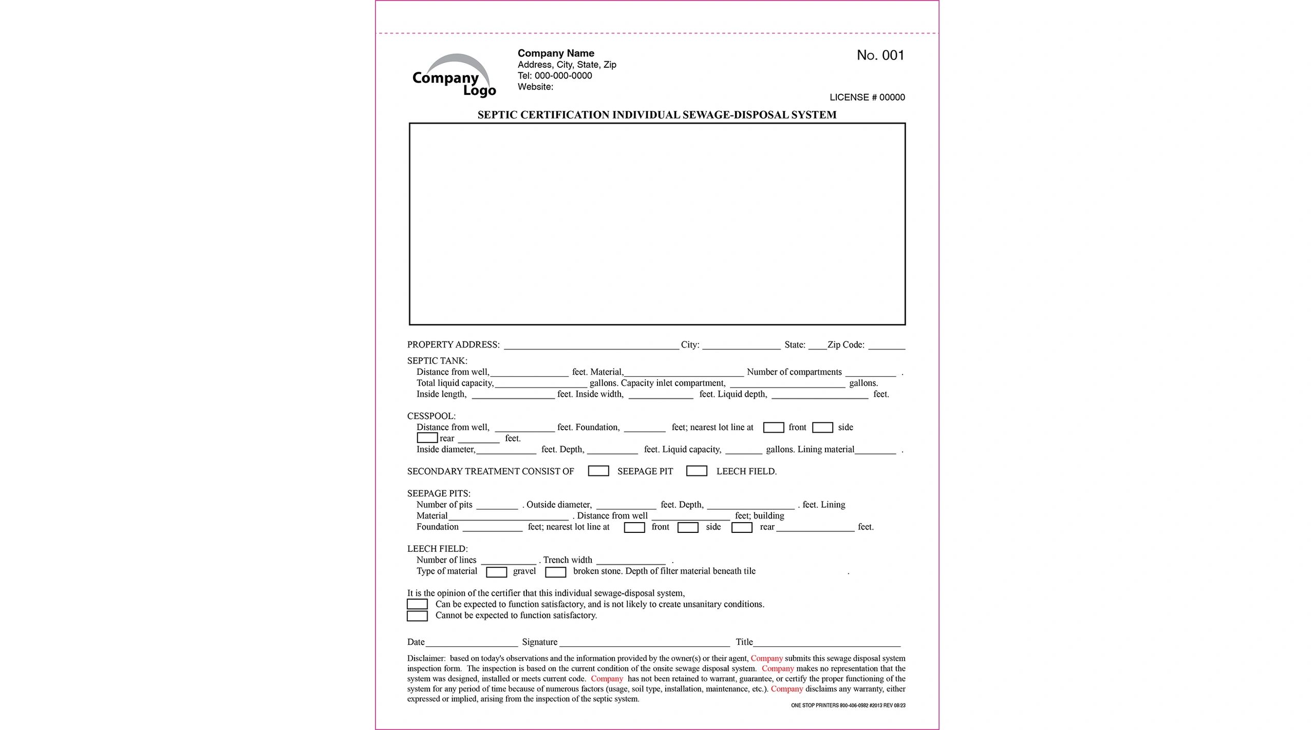 Septic Certification for Individual Sewage/Disposal System