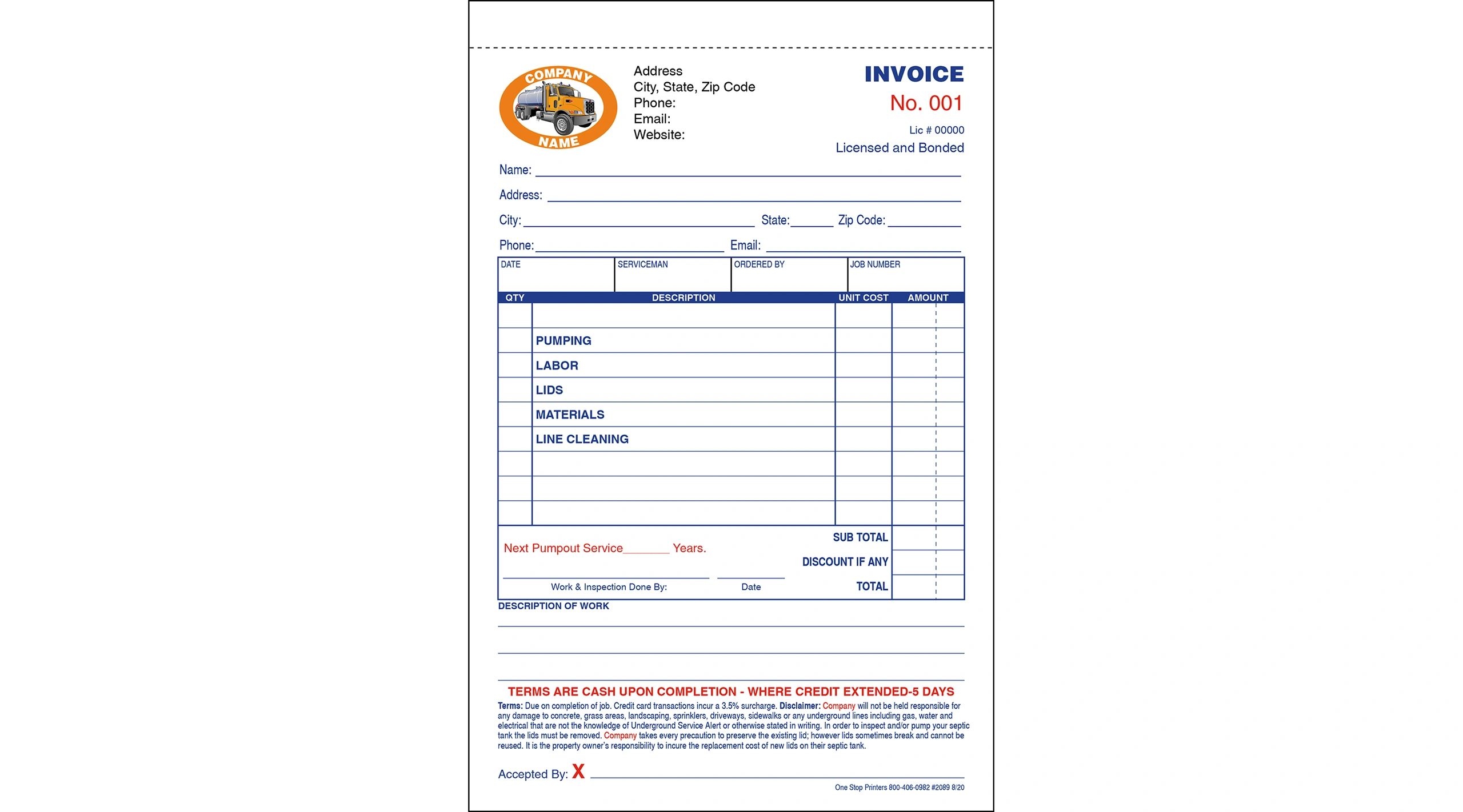 Septic Tank Pumping Invoice and Receipt