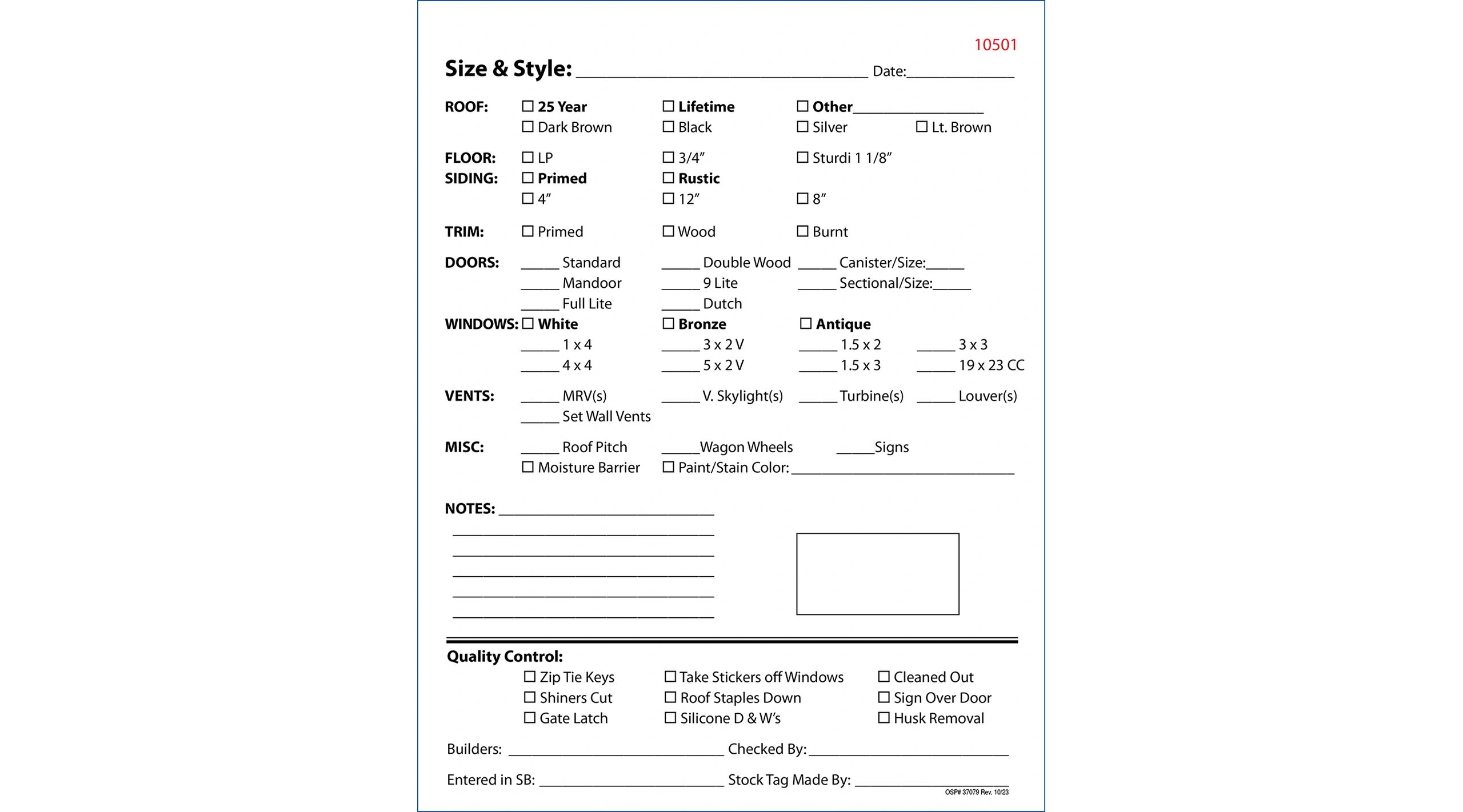 Shed Manufacturing Size and Style Form