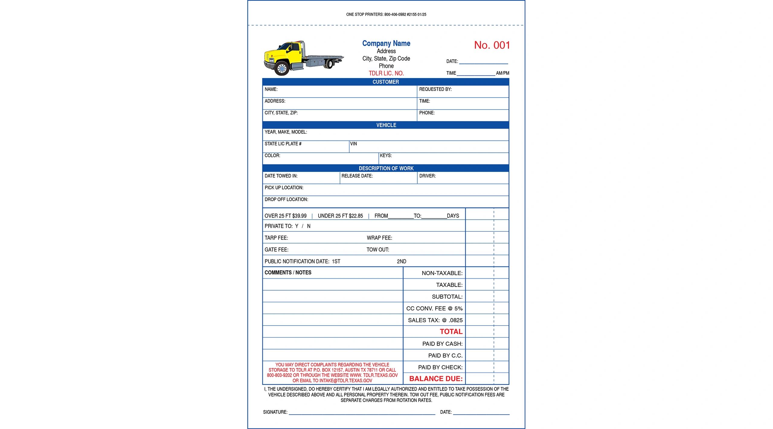 Texas Towing and Vehicle Storage Ticket