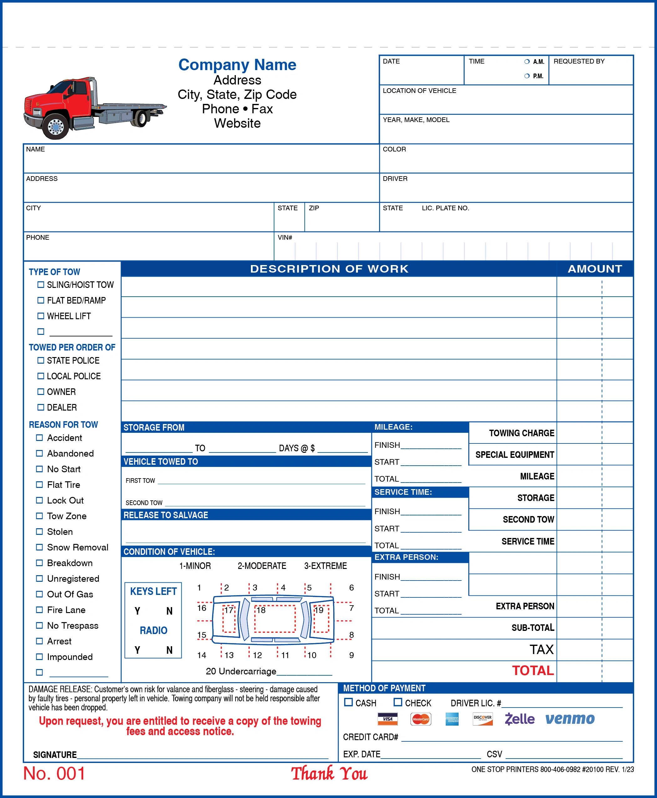 Towing Work Order, and Invoice