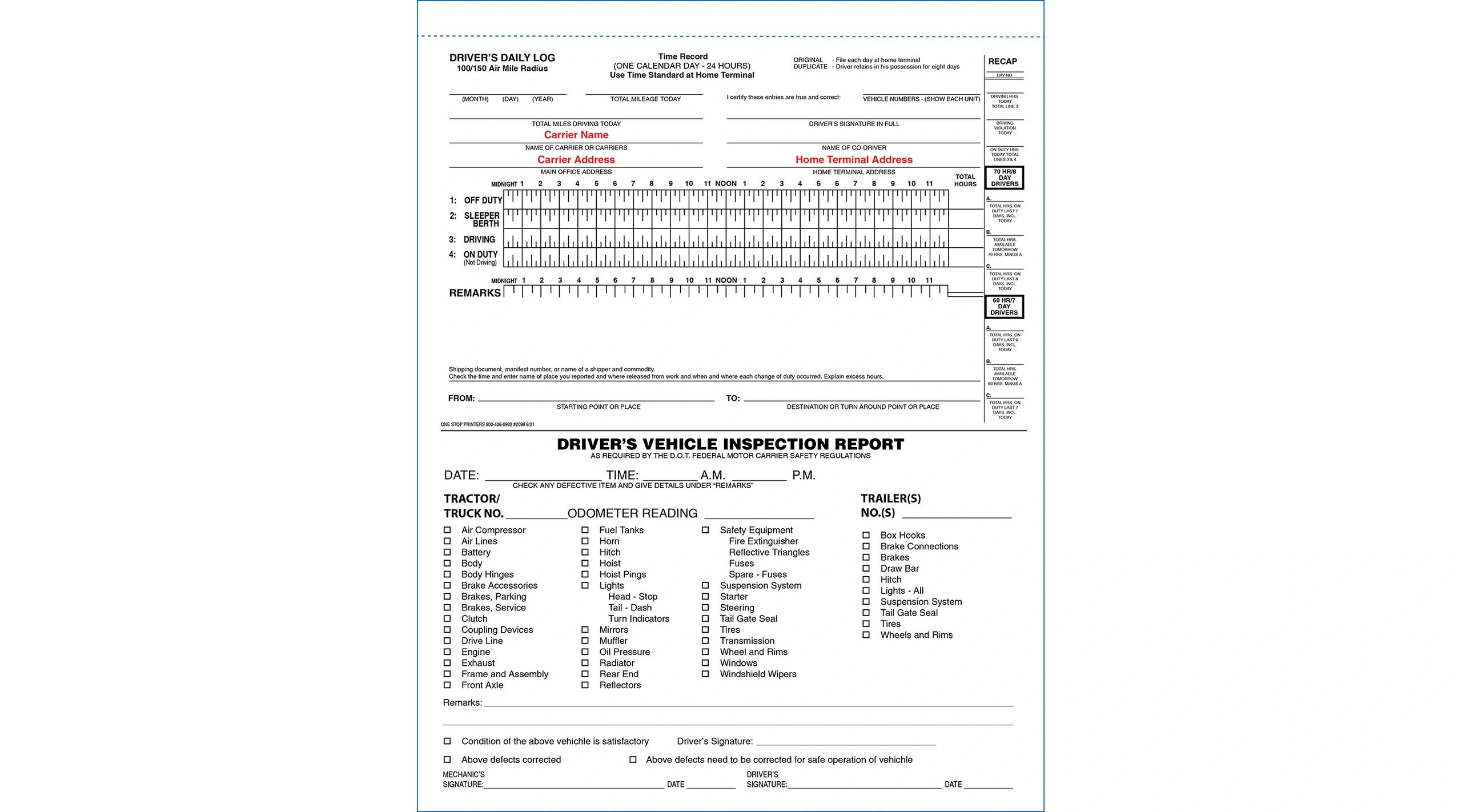 Truck Driver’s Daily Log and Vehicle Inspection Report
