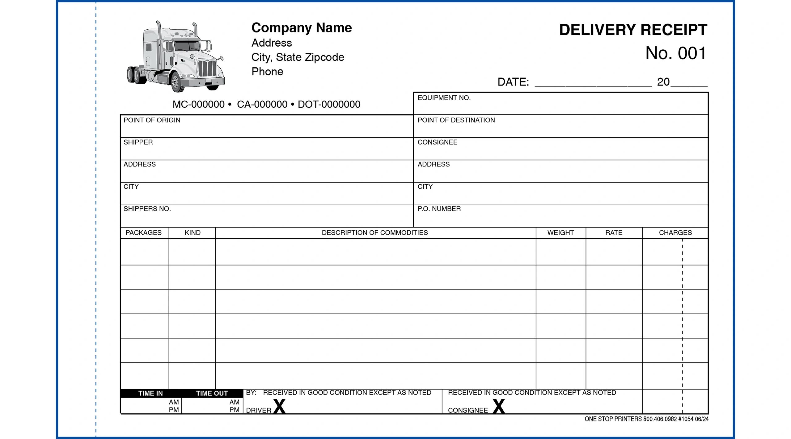 Trucking Package and Pallet Delivery Receipt/Invoice