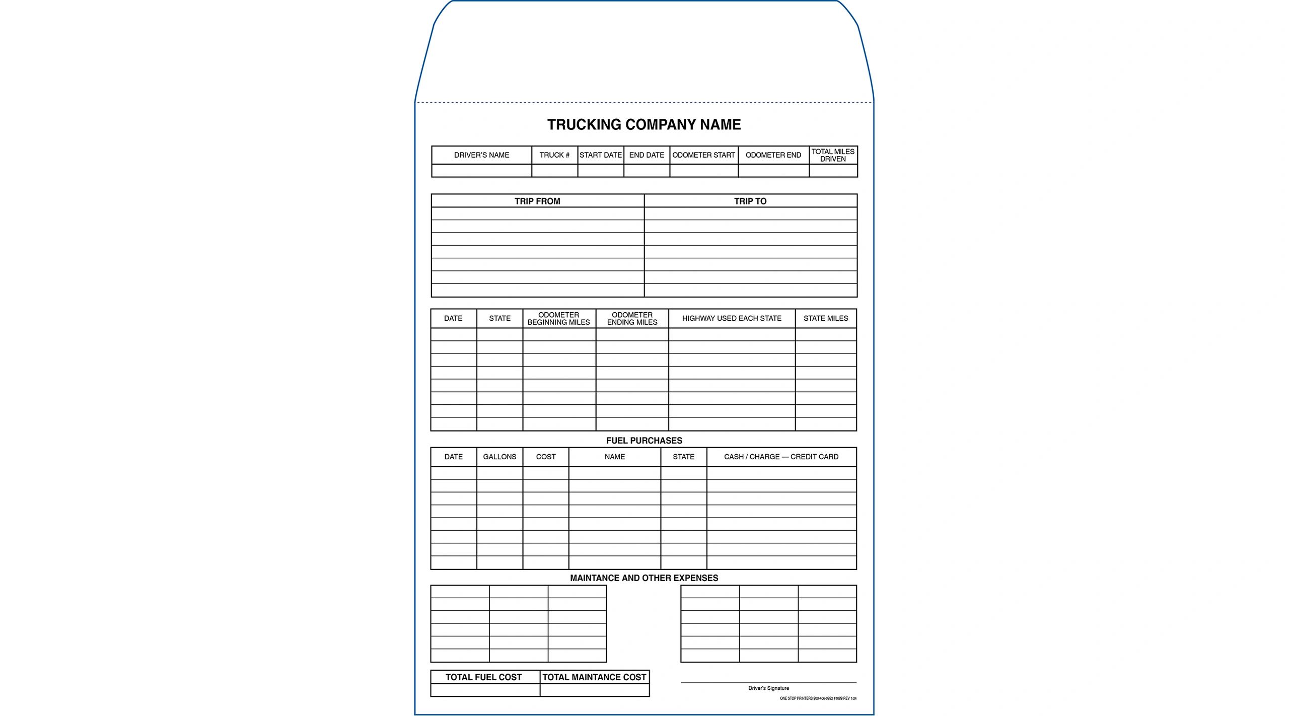 Container Truck Manifest, Driver’s Log and Expense Envelope