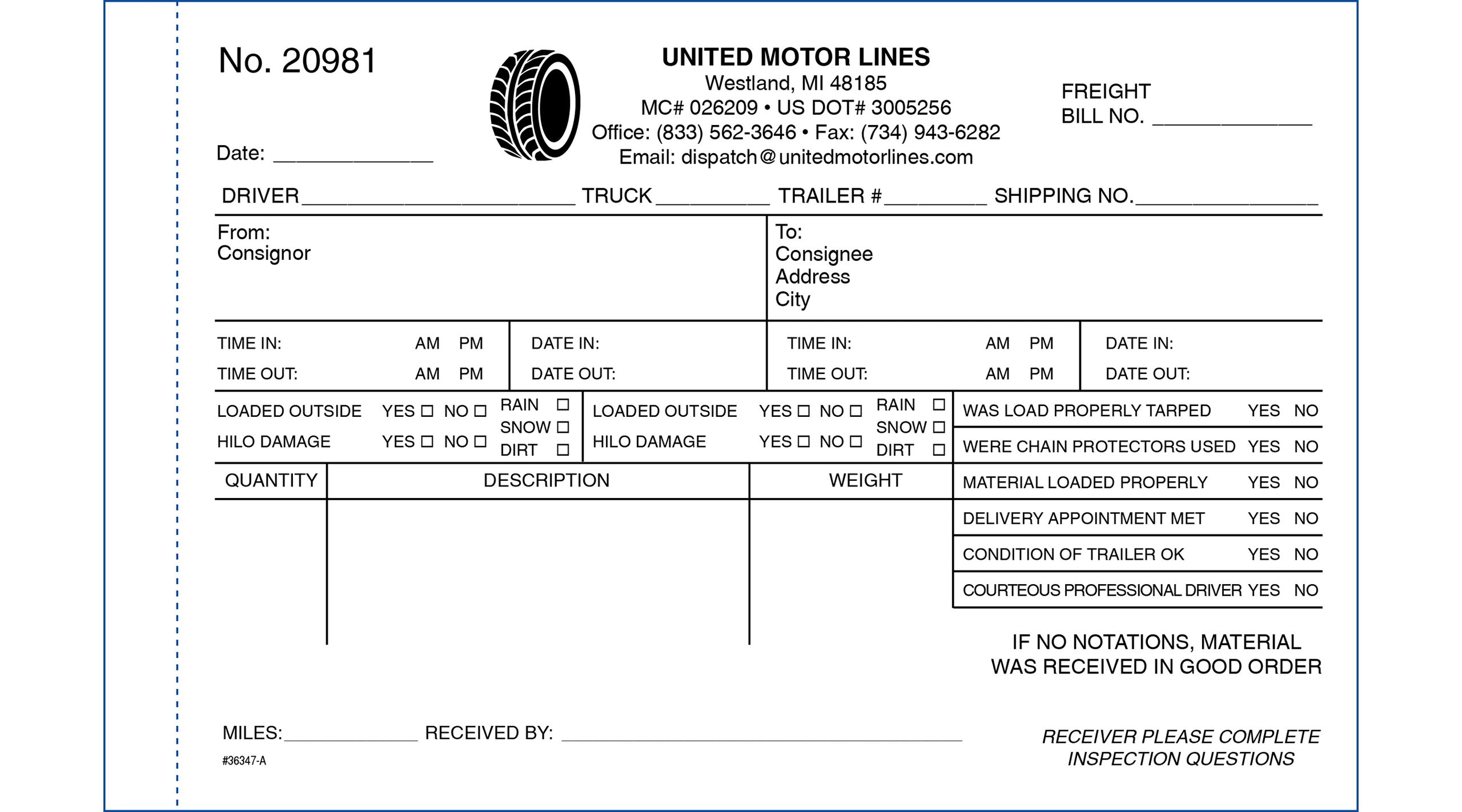 Custom Freight Bill and Proof of Delivery Receipt