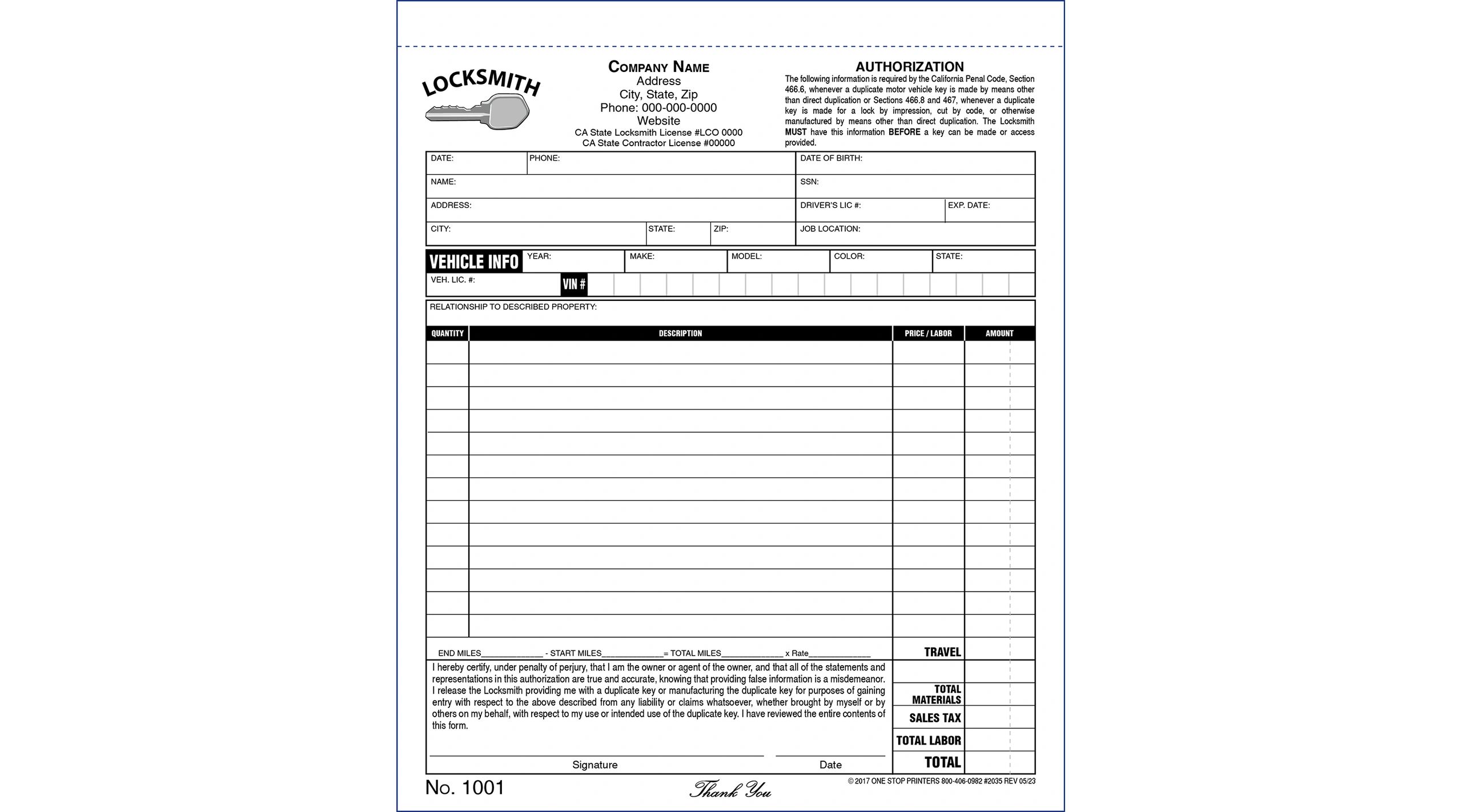 Locksmith Work Order and Invoice