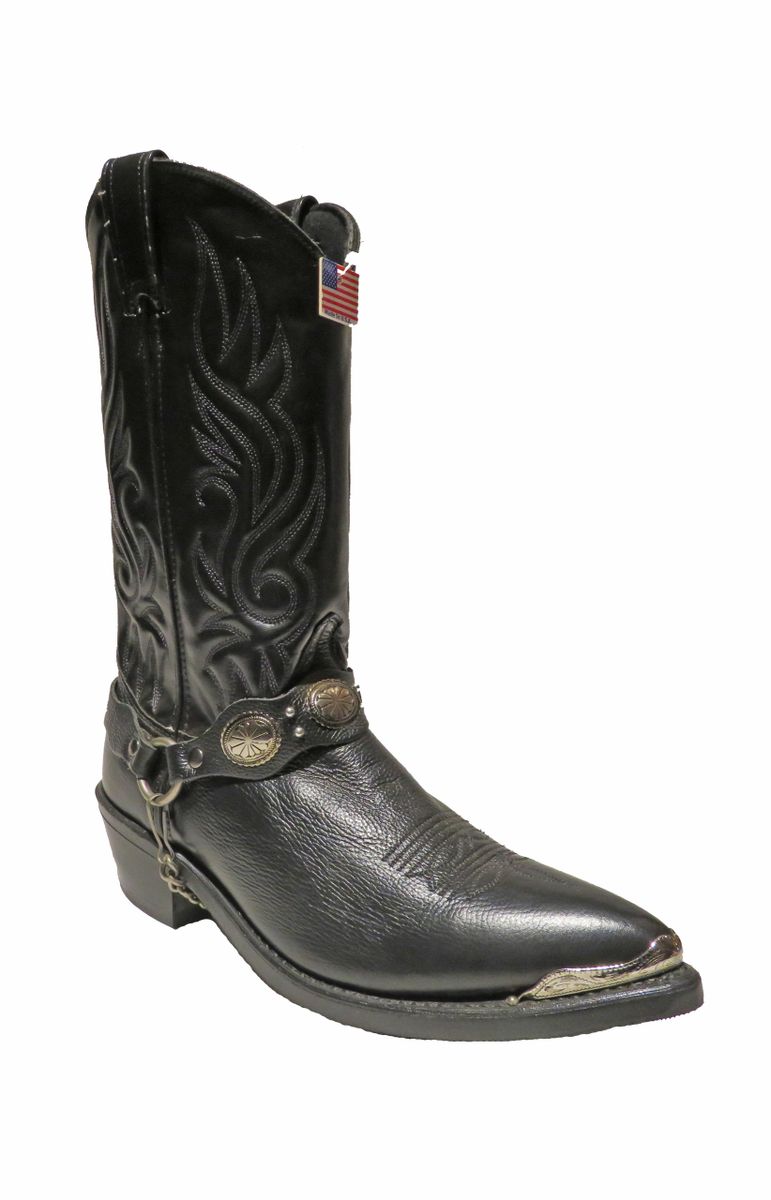 Men's Sage Black Cowboy Boot with Concho Bootstrap & Boot Tip Made in USA