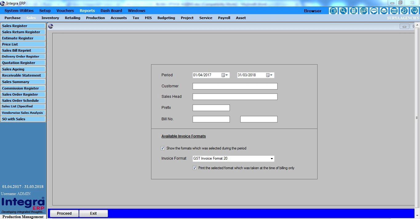 Invoice Reprint option in Integra ERP