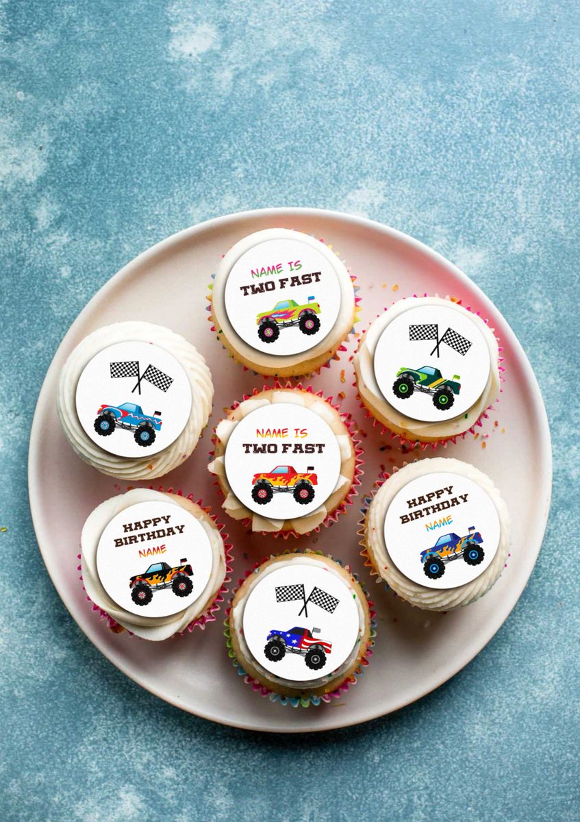 ‘Two Fast’ Monster Trucks Edible Cupcake Toppers | Personalised