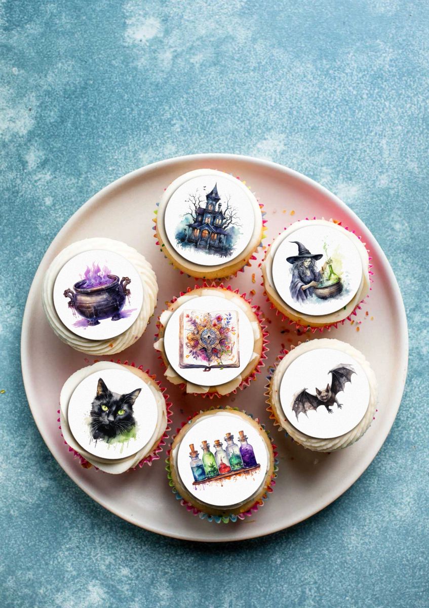 ‘Witchcraft’ Watercolour Halloween Edible Cupcake Toppers