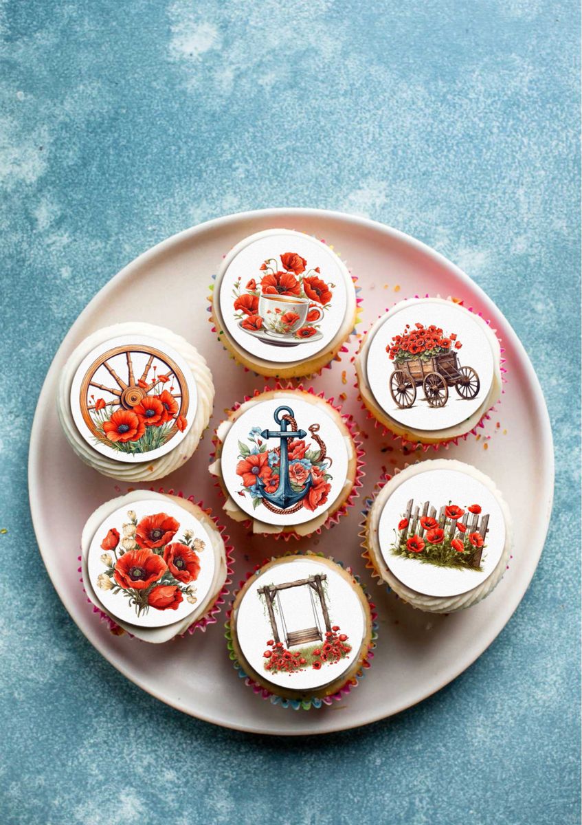 Anzac Red Poppy Edible Cupcake Toppers