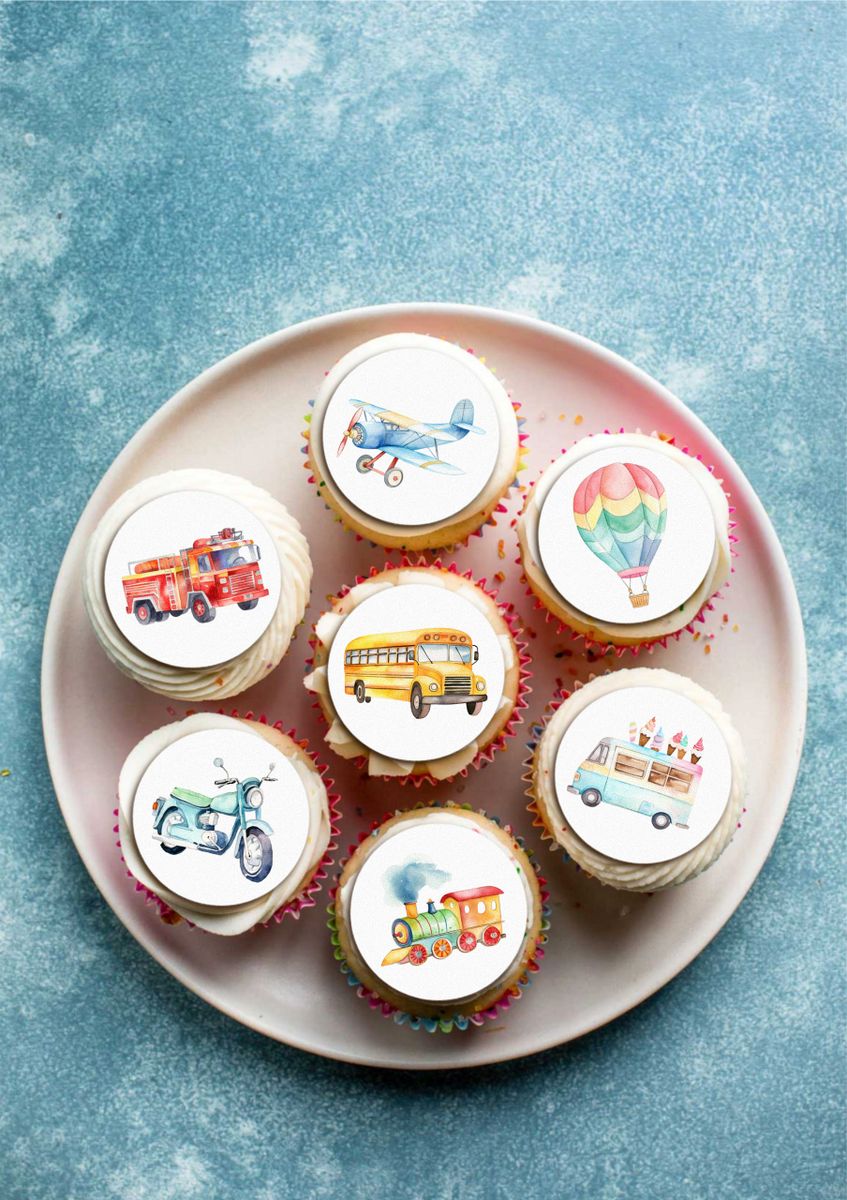 Watercolour Transport Themed Edible Cupcake Toppers