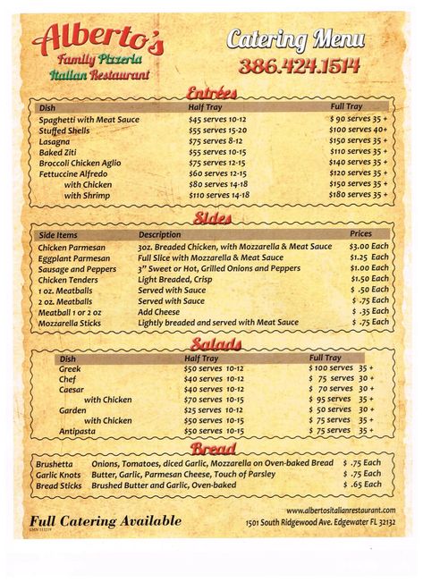 Catering | Alberto's Pizzeria Family Italian Restaurant