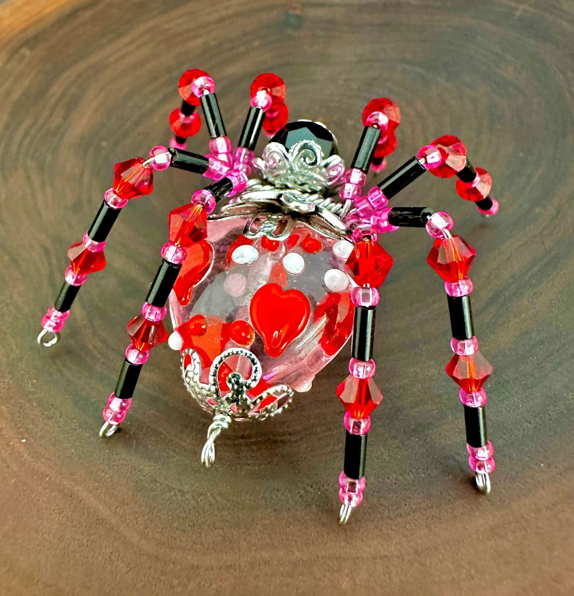 Small Red and Pink Glass Heart Twisted Spider