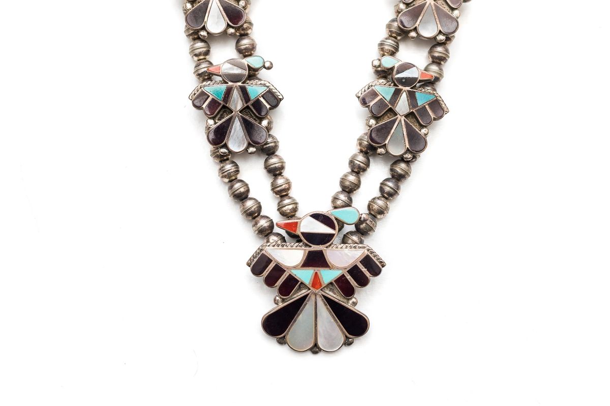 Authentic Vintage Zuni Thunderbird Squash Blossom Necklace - Sterling ...