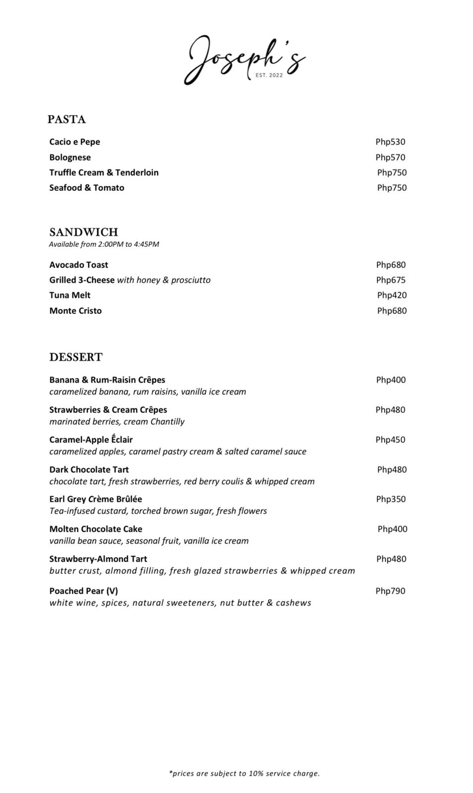 Joseph’s – Menu