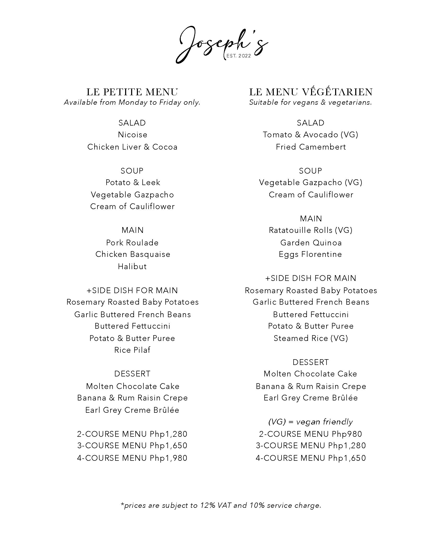 Joseph’s – Menu
