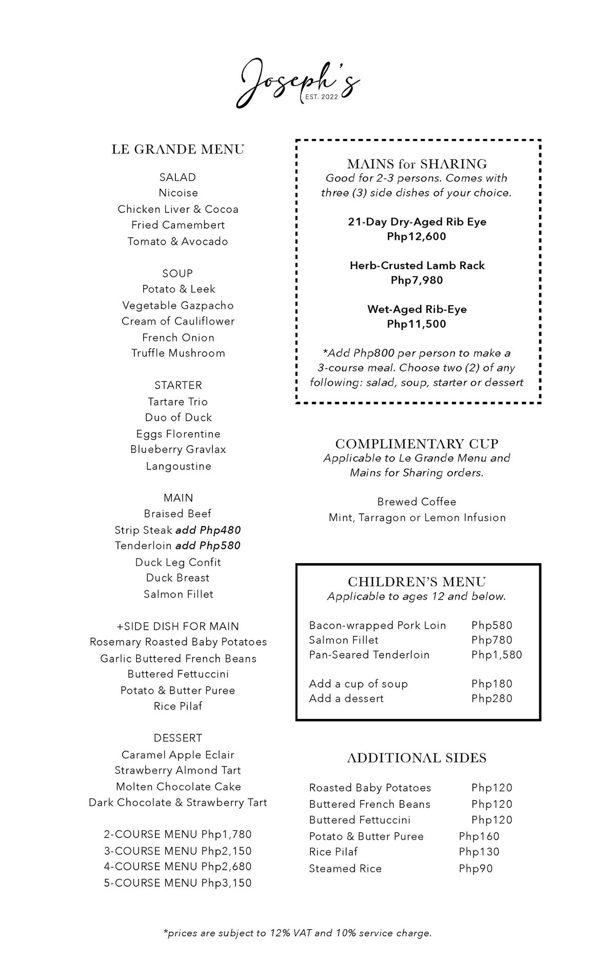 Joseph’s – Menu