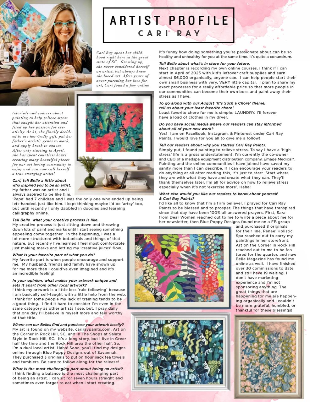 Belle Magazine Artist Profile August 2023 -Featuring Cari Ray