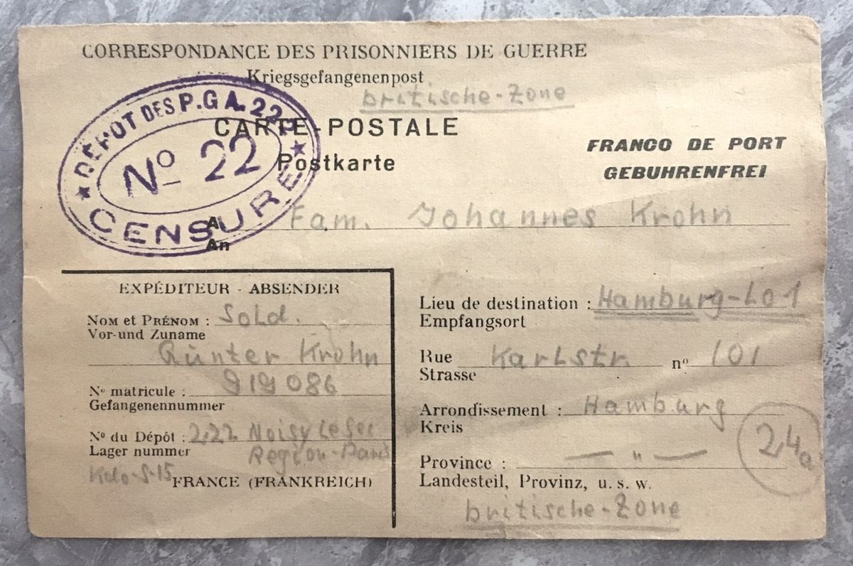 Günter Krohn German POW card from Fort Noisy le Sec France 1947