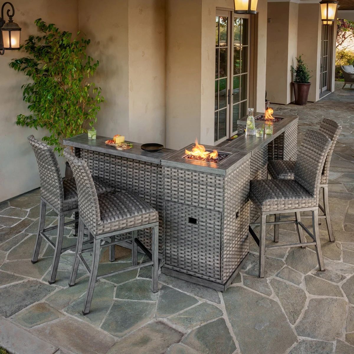 8-piece Modular Outdoor Bar Set With 2 Fire Towers