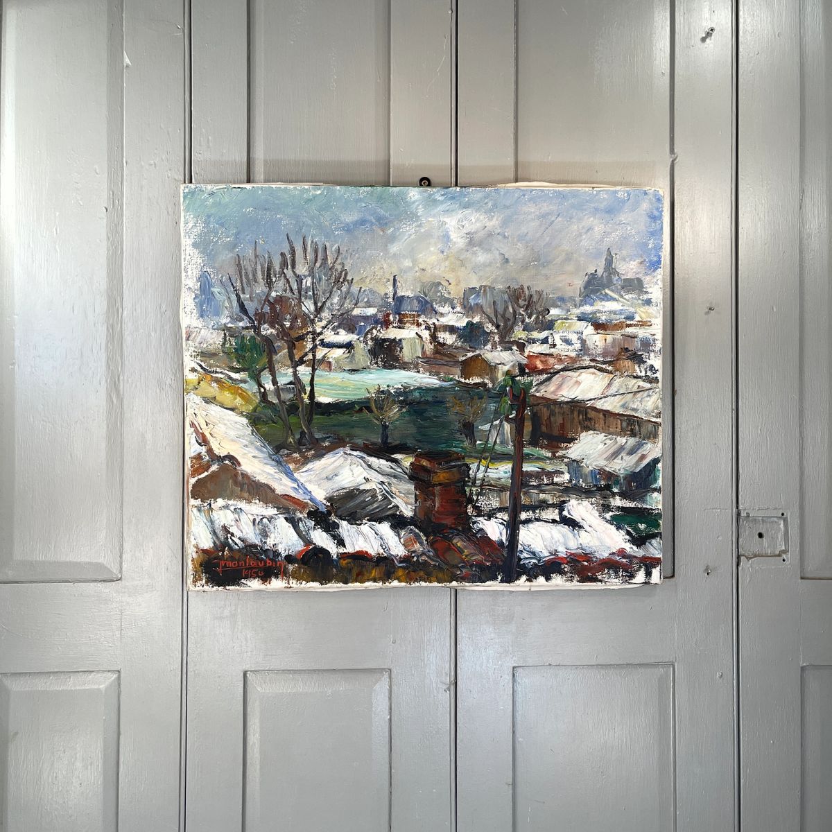 Antique French Impressionist townscape oil painting winter snow scene ...