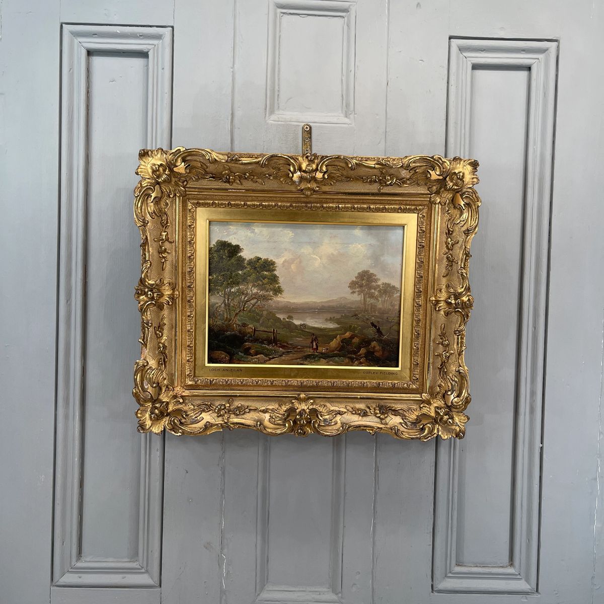 Antique Scottish landscape oil painting of Loch An-Eilan by Copley Fielding