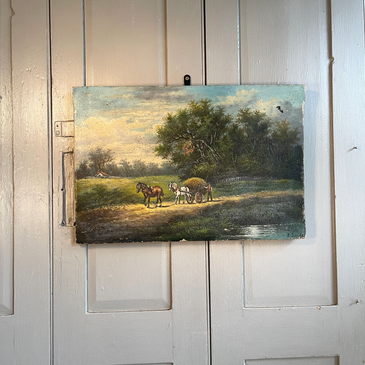 Antique landscape oil painting stuidy of horses and cart signed E Barry ...