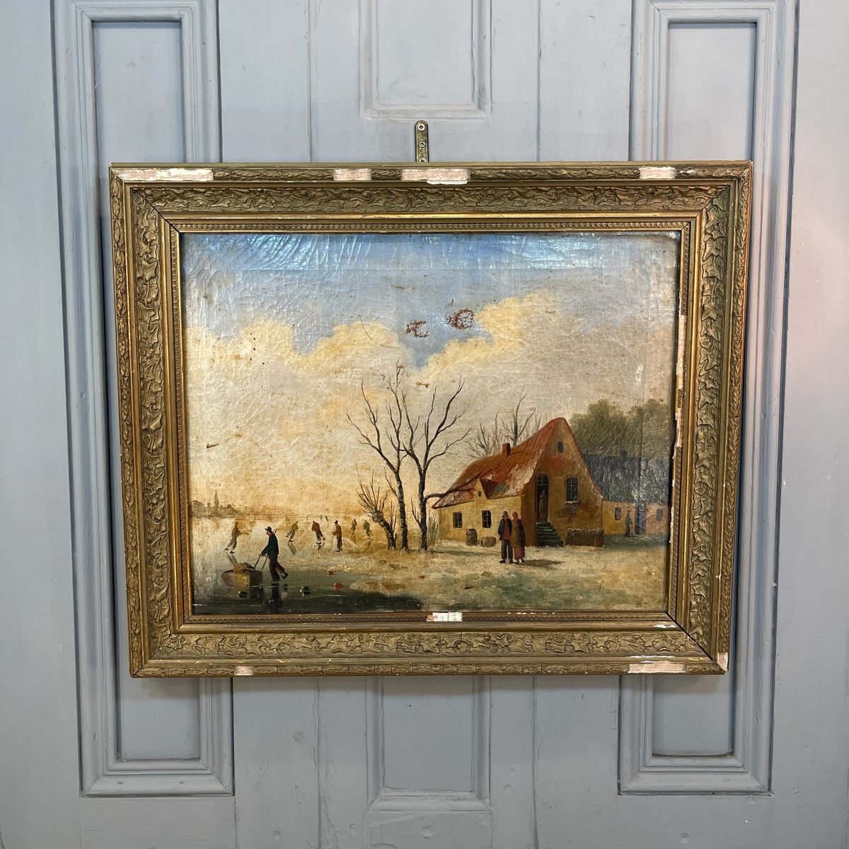 Antique Dutch landscape oil painting winter scene of cottage and skaters