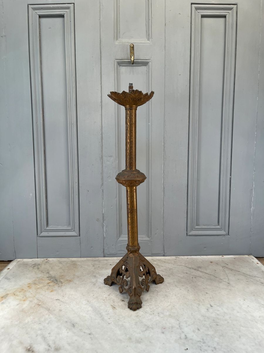 Large antique French Gothic brass church lampstand