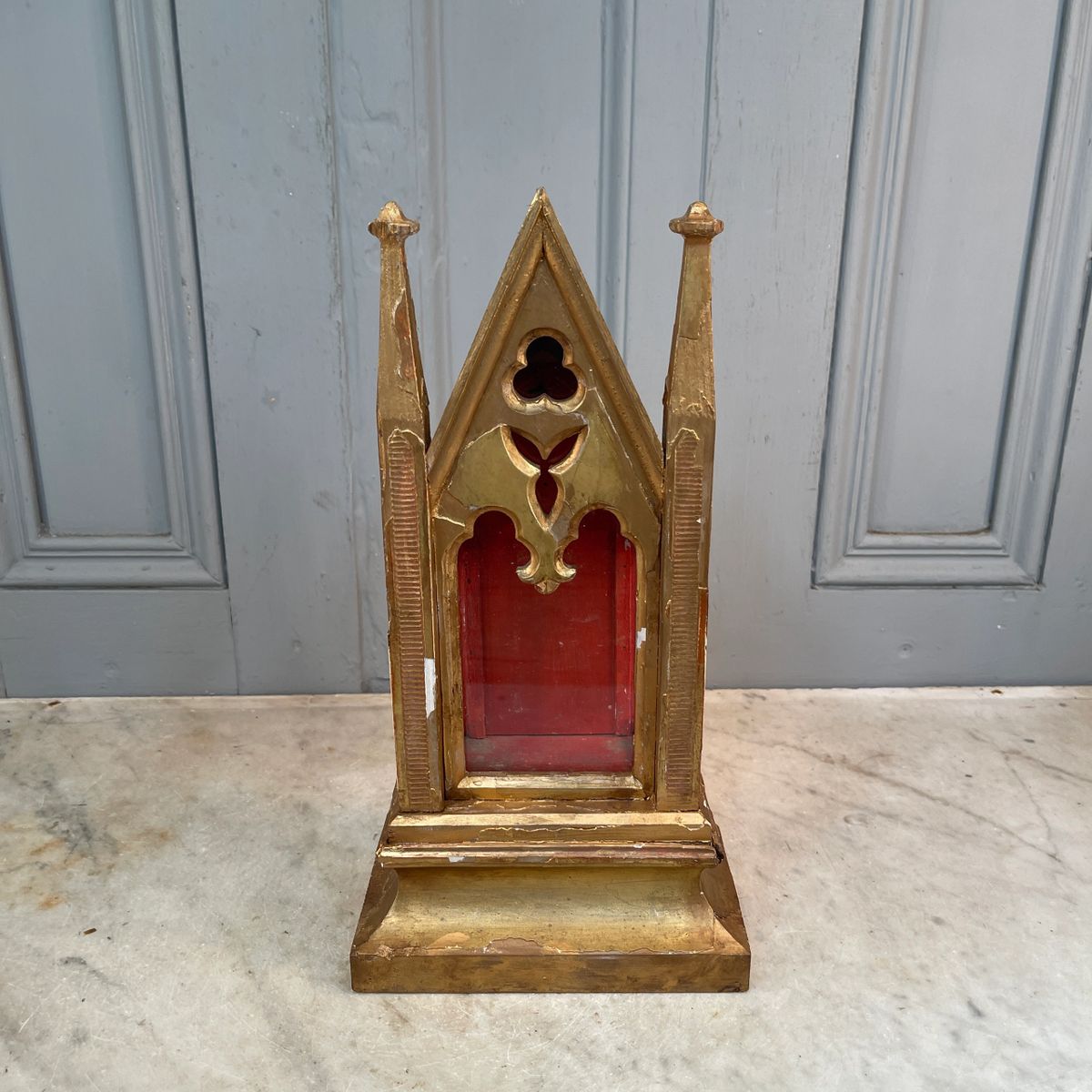 Antique French religious Gothic style glazed icon display case with ...