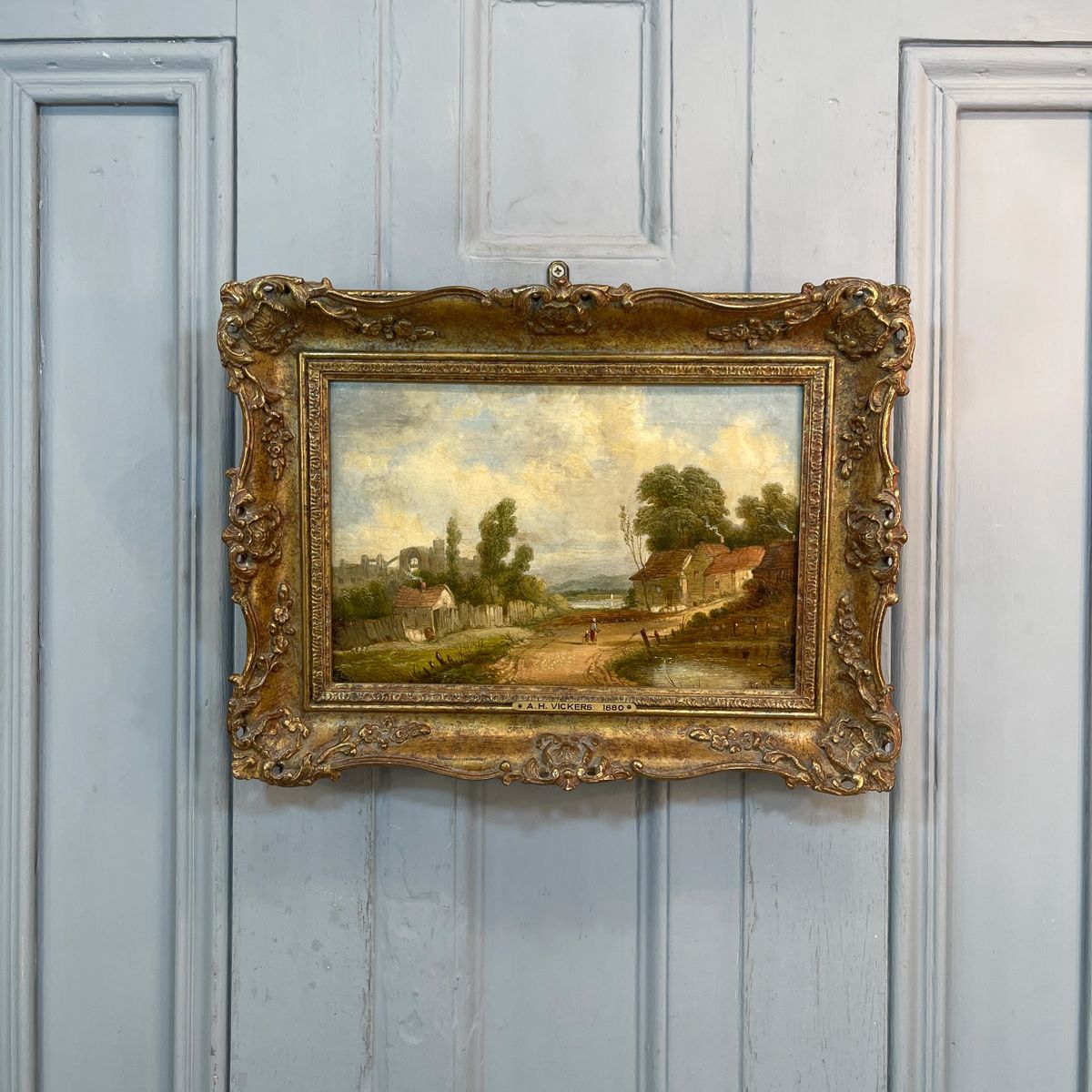 Antique river landscape oil painting by AH Vickers 1880 (1 of 2)