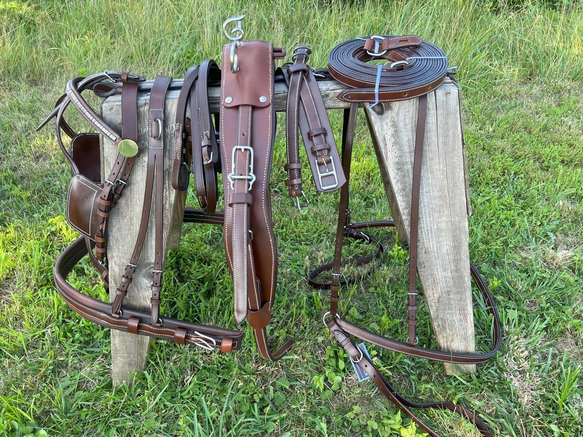 Premium All Leather Driving Harness Brown/Stainless Steel White Stitch