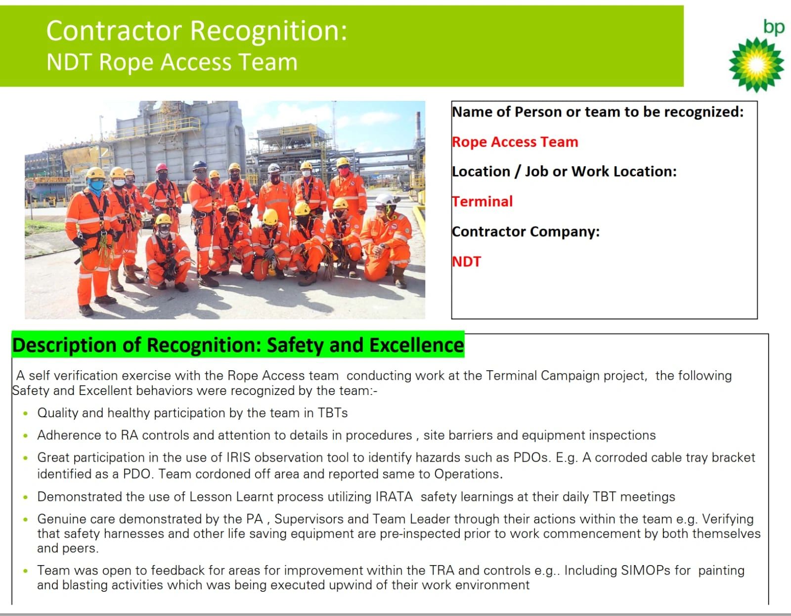 Rope Access Team Recognition