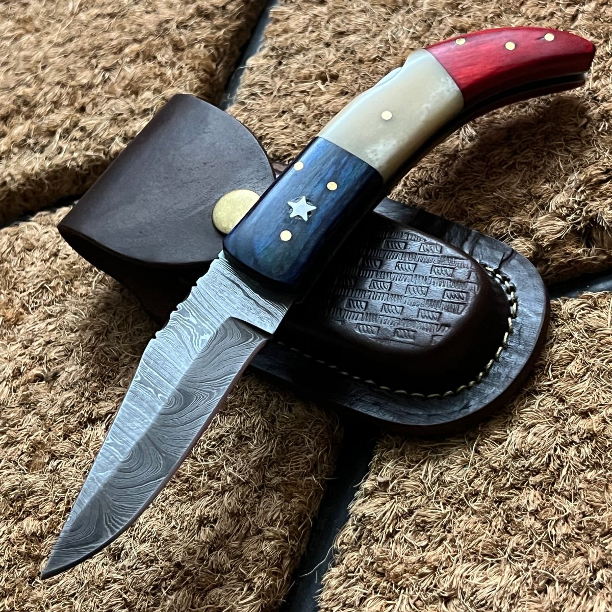 ASH TX13 Damascus steel custom handmade pocket folding knife Texas Flag