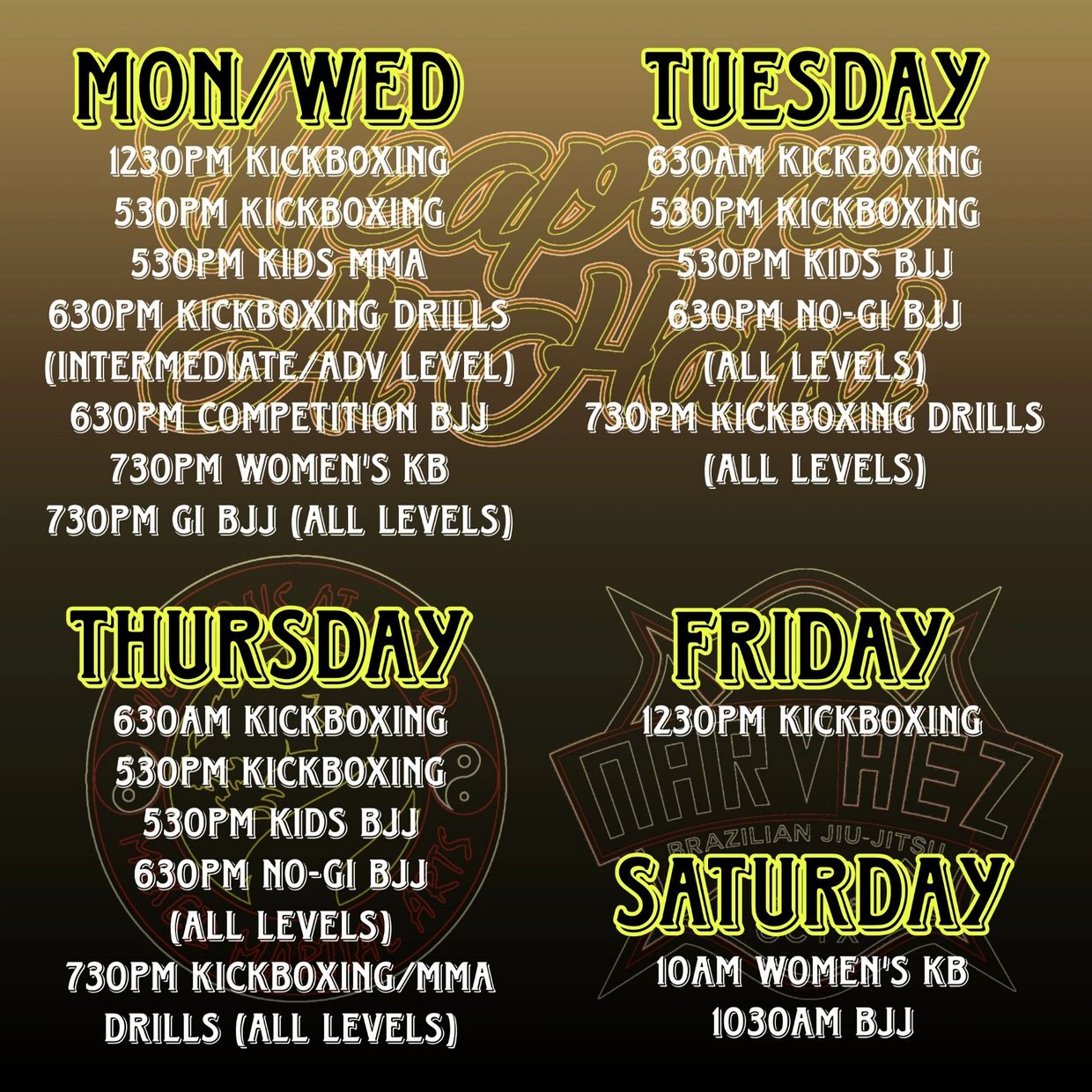 Schedule | Weapons at Hand MMA Academy