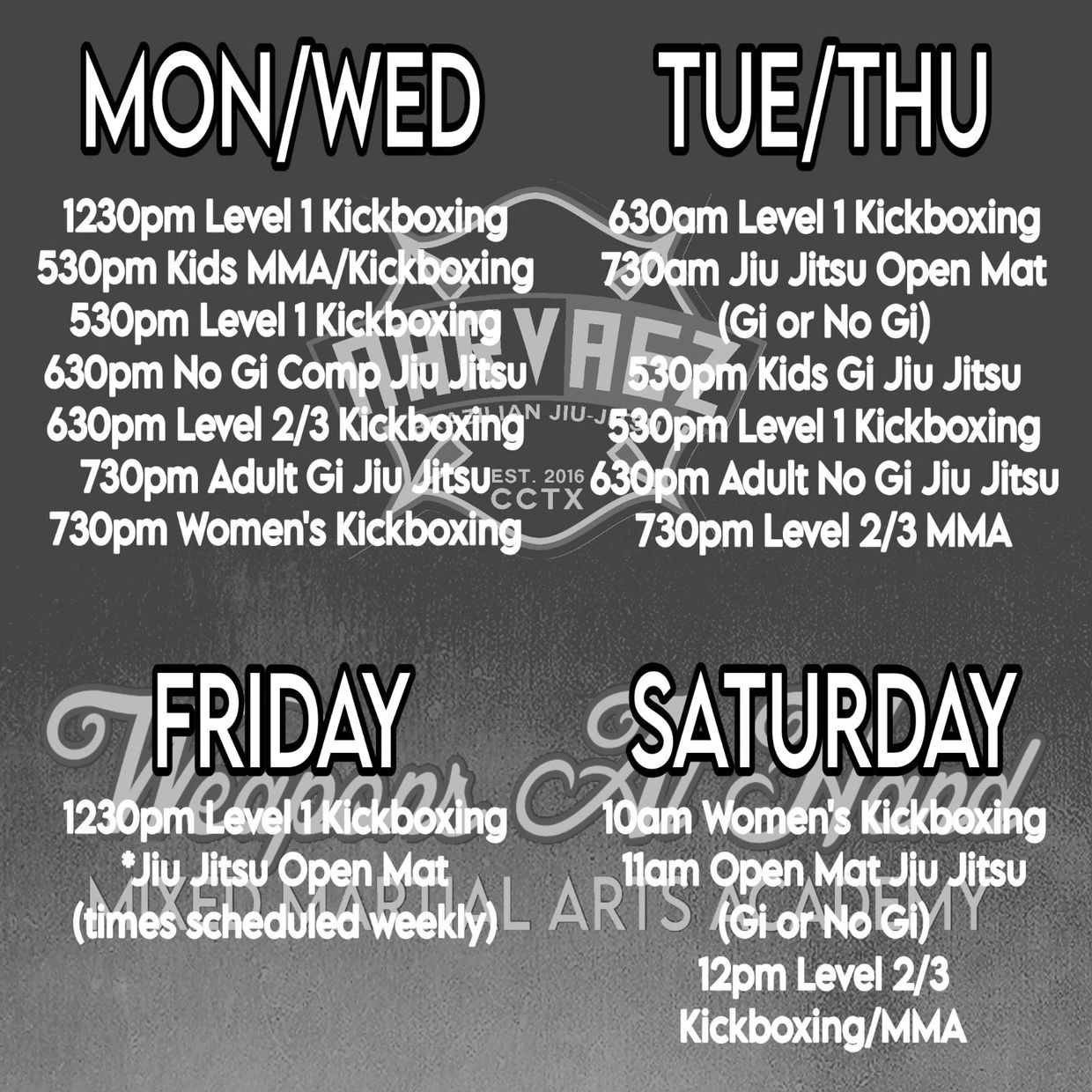 Schedule | Weapons at Hand MMA Academy