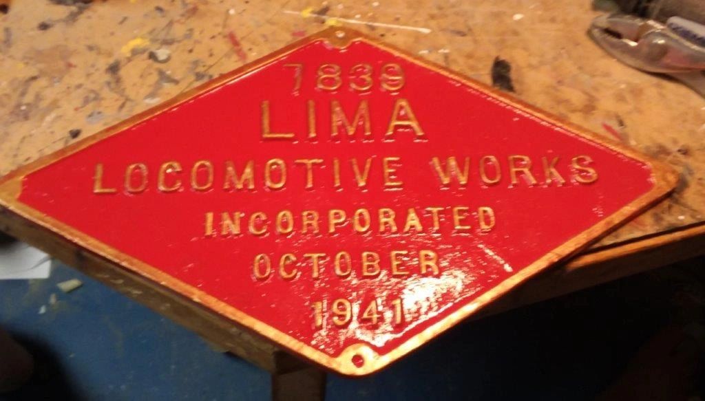 Replica lima locomotive Works Builders Plate. Pere Marquette 1225