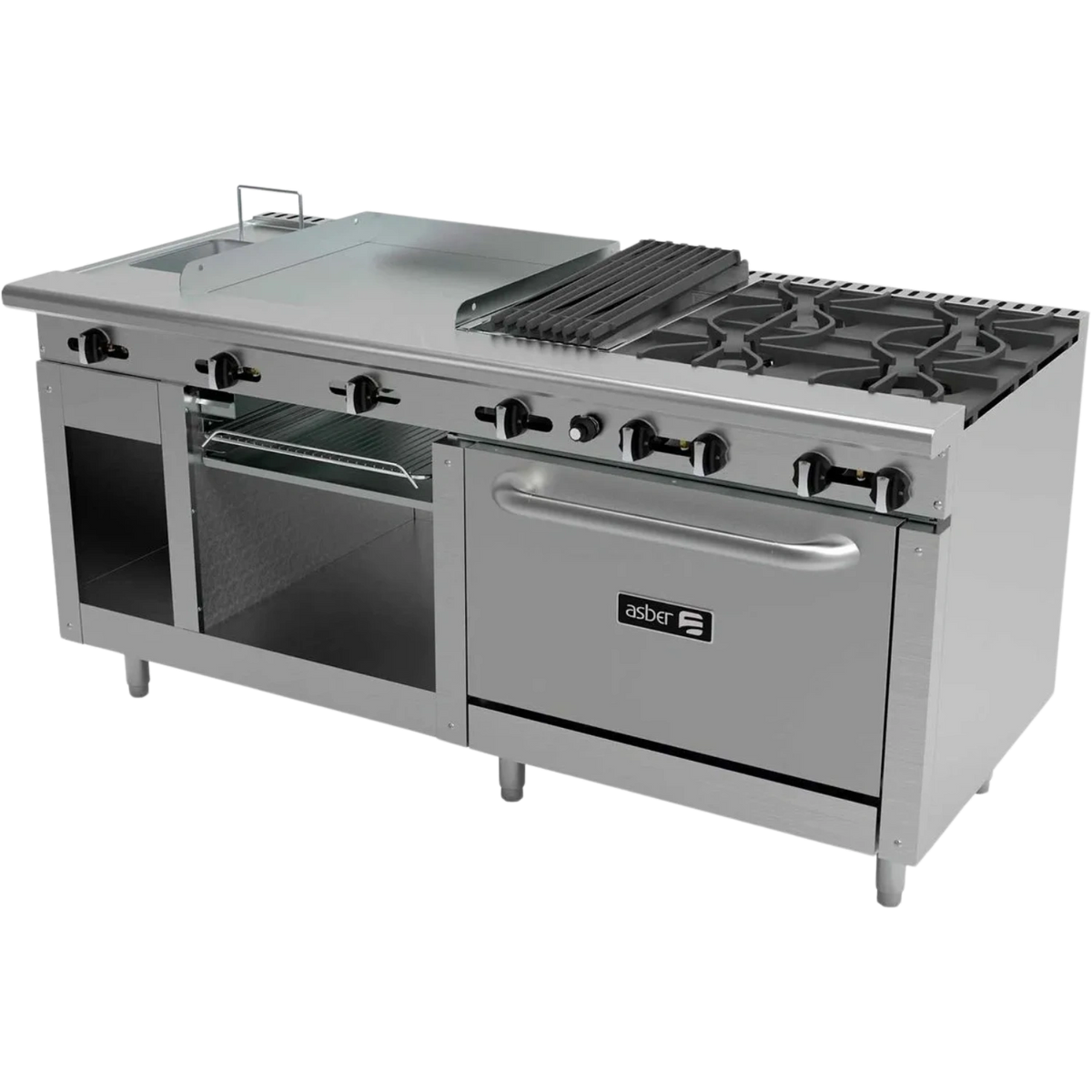 Estufa combinada ASBER AMR-72 con horno plancha freidor asador gratinador y 4 quemadores a gas