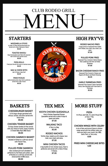 Club Rodeo Menu | Club Rodeo Springfield