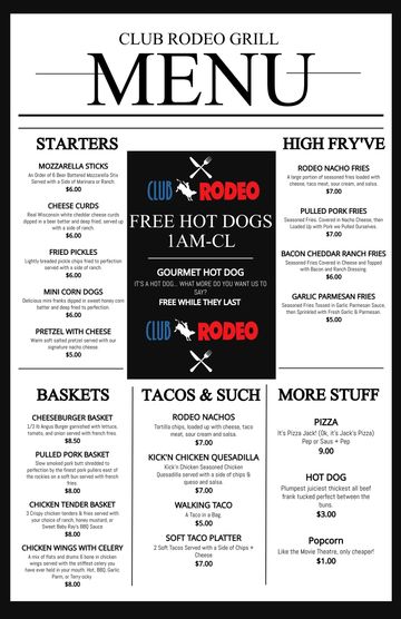 Club Rodeo Menu | Club Rodeo Springfield