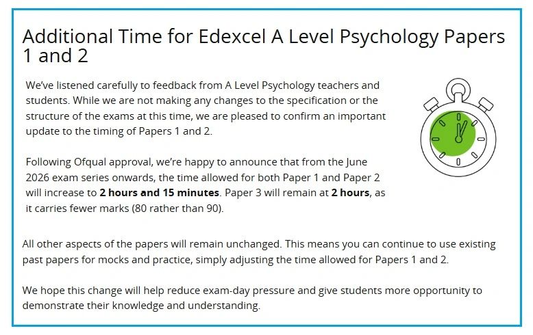 Changes to Edexcel A-Level Psychology Exams 2026