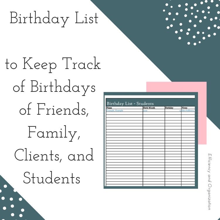 Birthday List to Keep Track of Birthdays of Friends, Family, Clients ...
