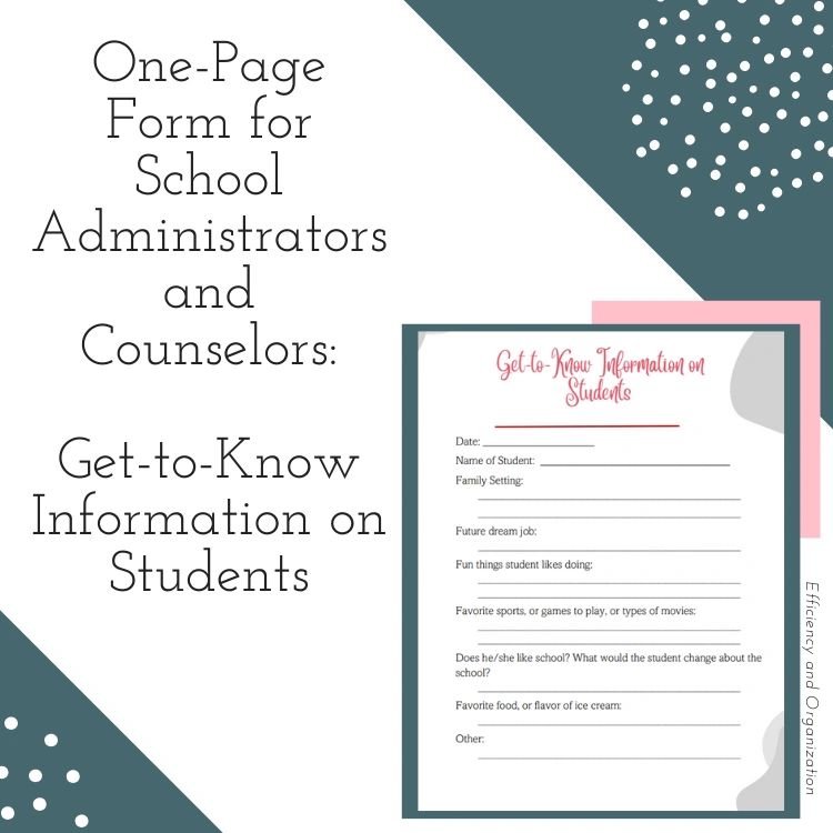 One-Page Form for School Administrators and Counselors: Get-to-Know ...