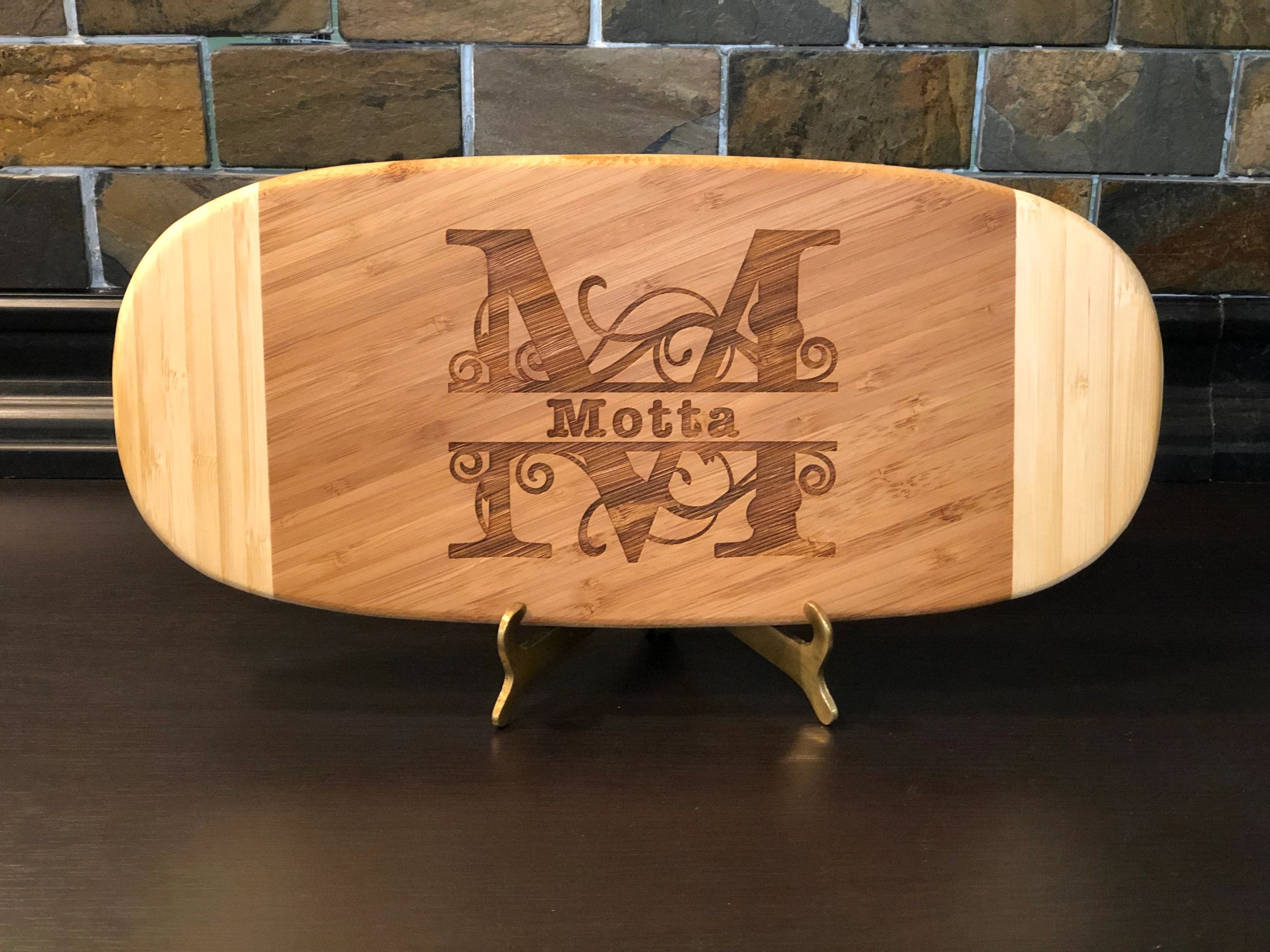 Monogram bamboo cheese board with two-toned design