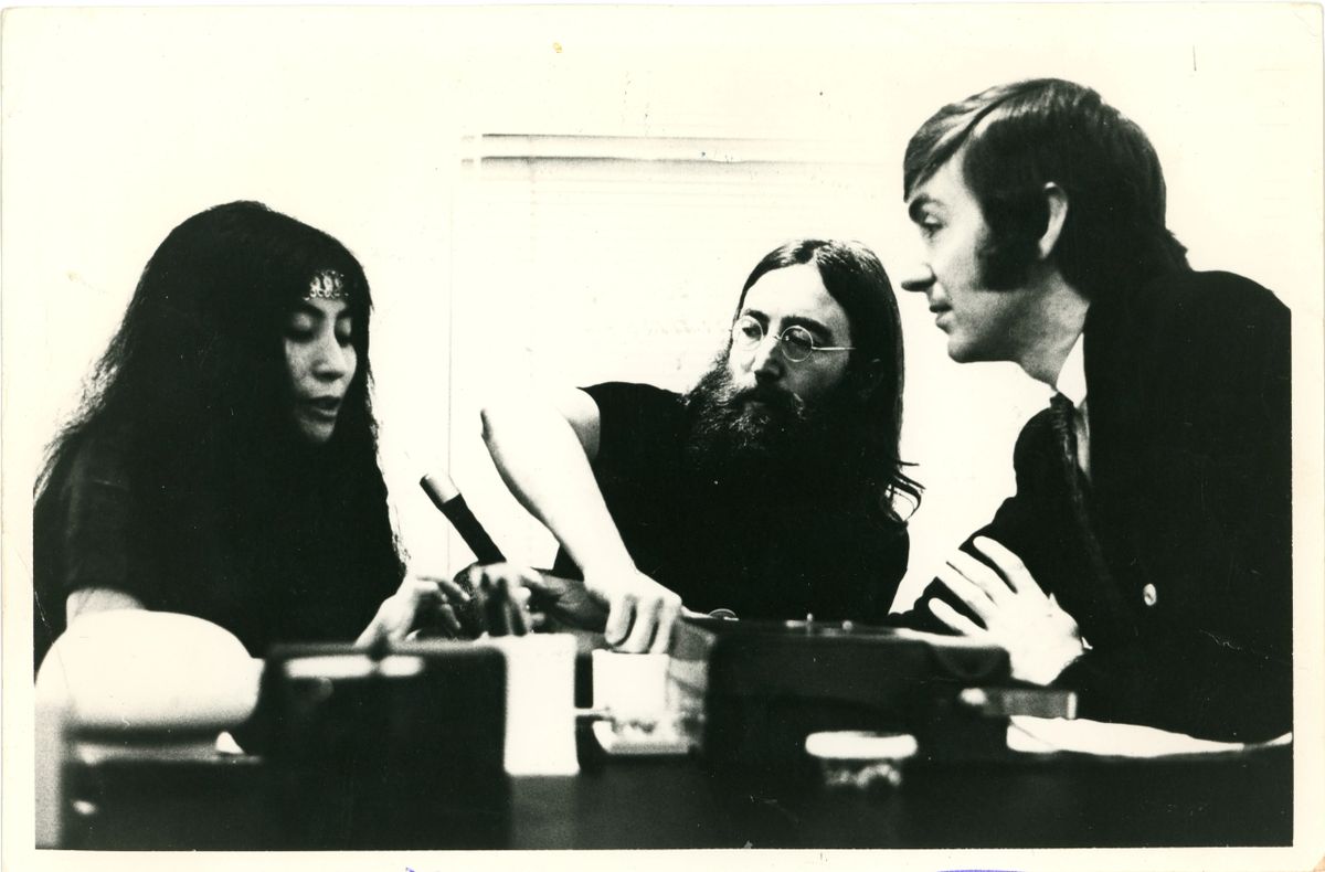 An original press photograph of John Lennon and David Wiggs during the ...