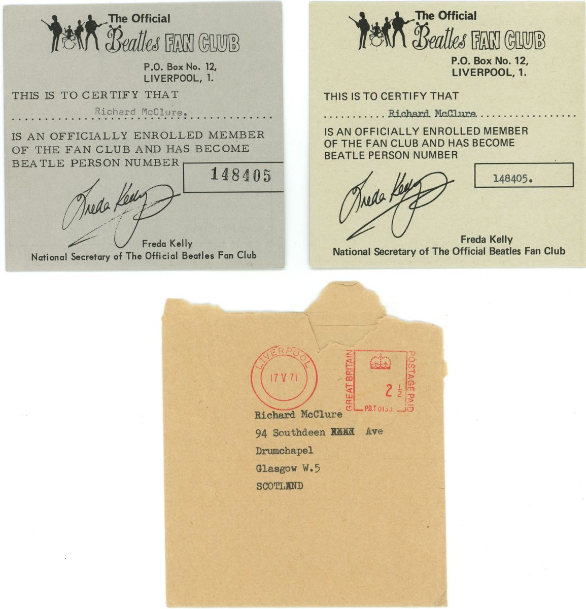 Two original Beatles Fan Club membership cards